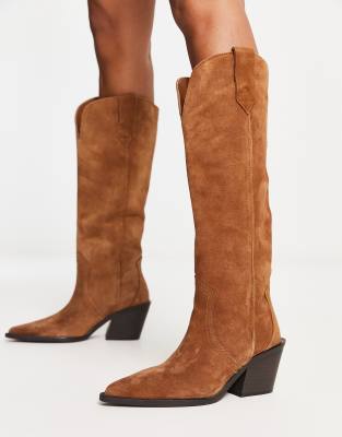 Mango suede cowboy boots in brown | ASOS