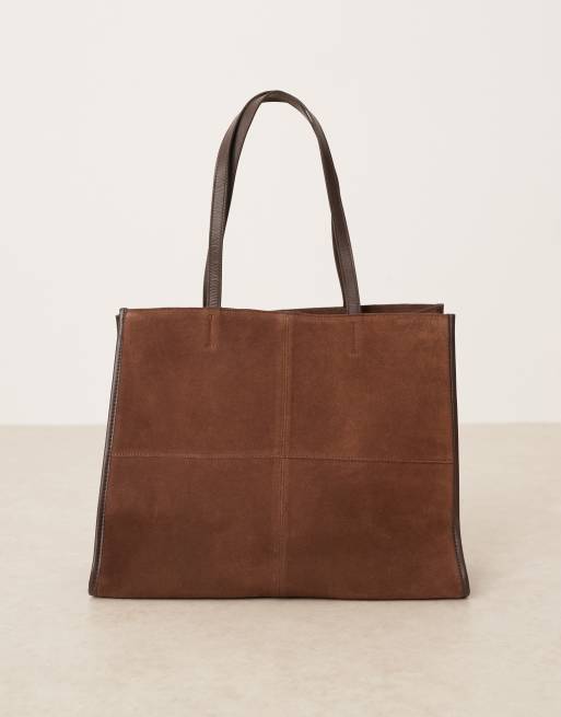 Mango suede structured tote bag in dark brown | ASOS
