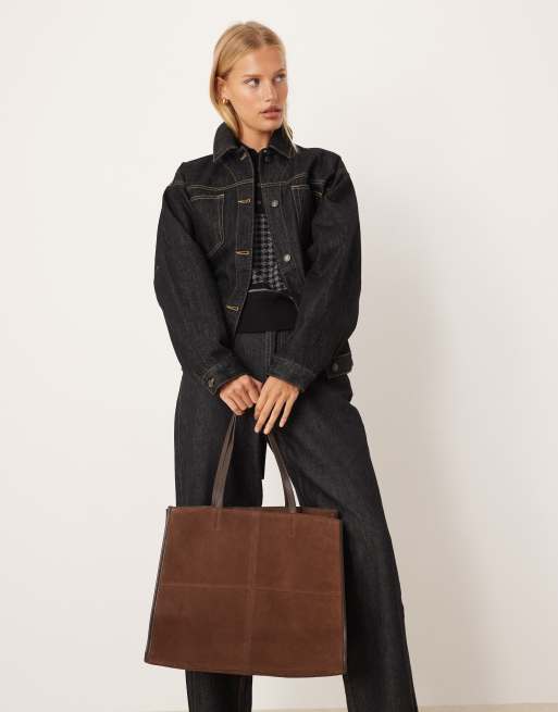 Mango suede structured tote bag in dark brown | ASOS