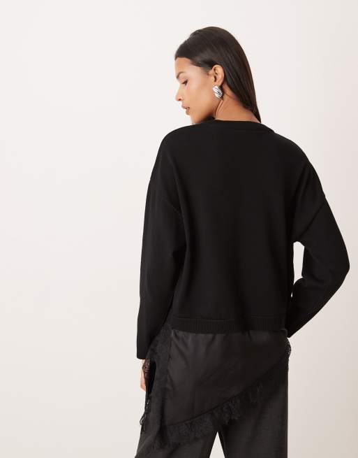 Mango sweater with satin and lace underlay in black | ASOS