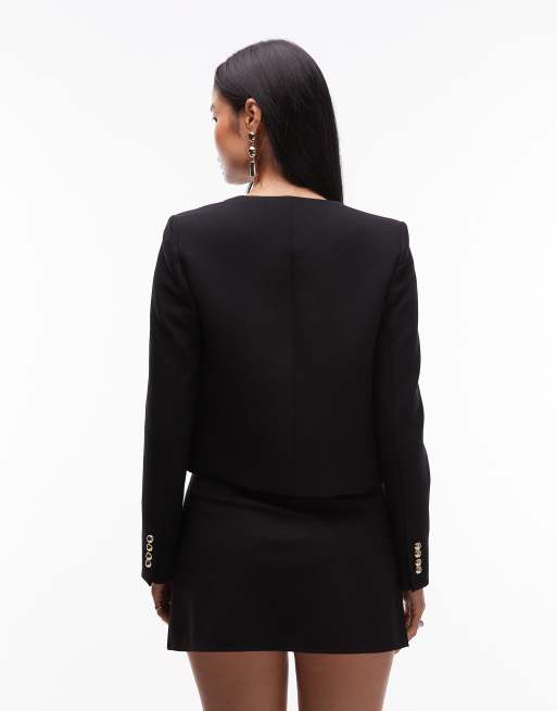 Mango tailored jacket with gold tone buttons in black | ASOS