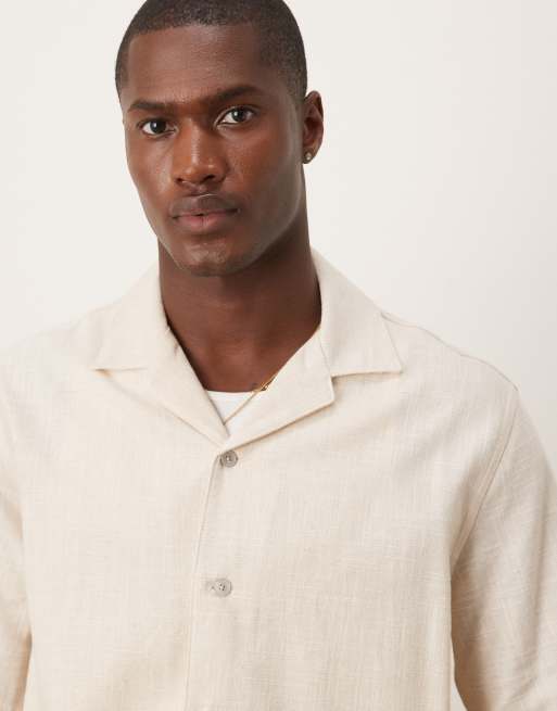 Mango textured camp collar linen mix shirt in ecru | ASOS