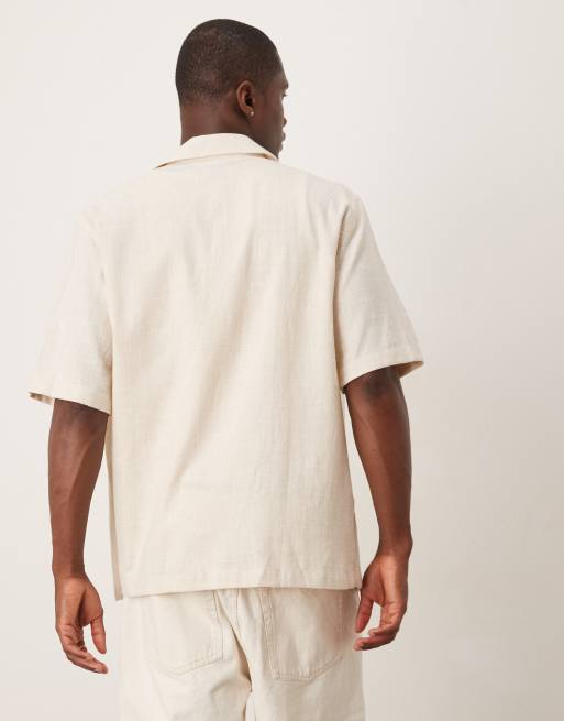 Mango textured camp collar linen mix shirt in ecru | ASOS