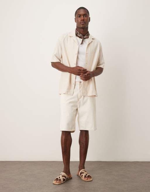 Mango textured camp collar linen mix shirt in ecru | ASOS