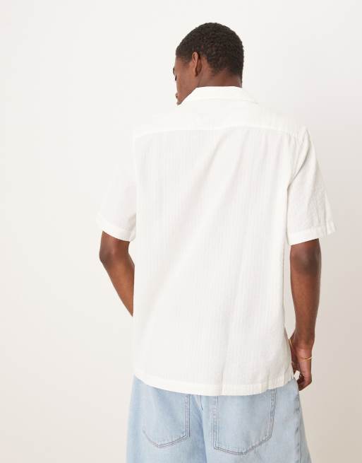 Mango textured cotton short sleeve shirt in cream | ASOS