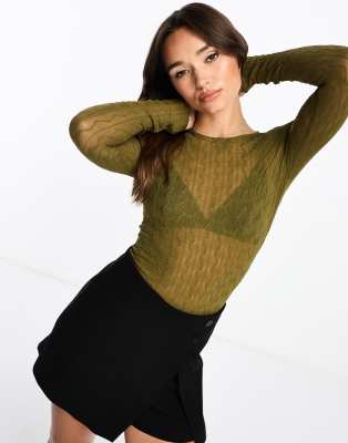 Mango textured sheer long sleeve t-shirt in khaki | ASOS