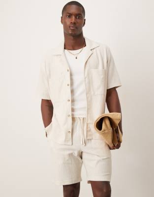 Mango textured tie waist shirt & short co-ord in beige | ASOS