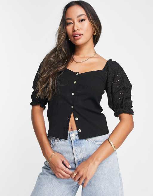 Mango Top Boutonné Avec Manches En Dentelle Noir Asos