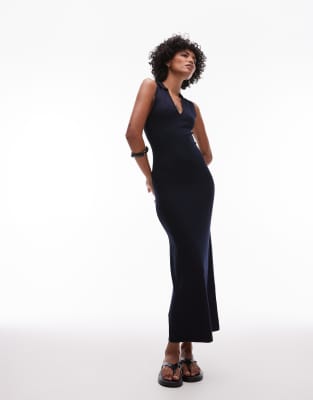 Mango - Vestito midi in maglia compatta blu navy con scollo a U | ASOS