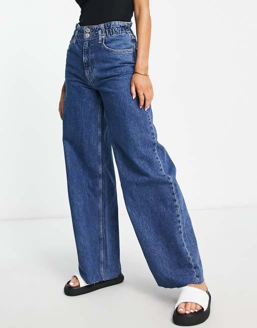 Mango wide leg double button waist jeans in dark blue denim | ASOS
