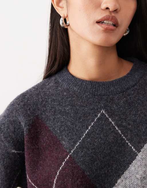 Mango wool mix argyle sweater in charcoal | ASOS
