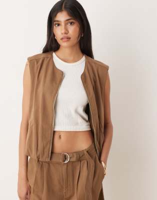 Mango zip through jacket sleeveless top co-ord in brown | ASOS