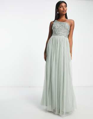 Maya Bridesmaid one shoulder sequin maxi dress in sage green | ASOS