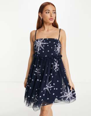 Maya Mini Dress With Oversized Star Embellishment In Navy | ModeSens