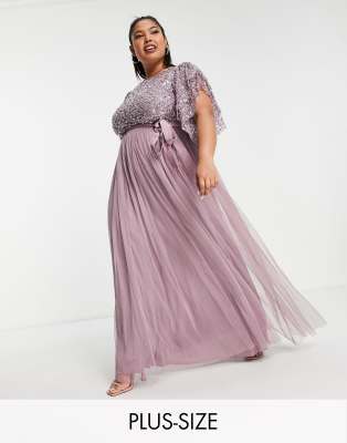 Maya Plus embellished maxi dress with draped sleeves in lilac | ASOS