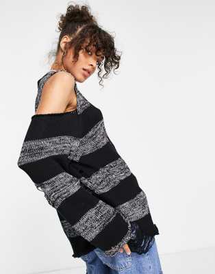 Minga London cut out stripe knitted jumper in black and grey | ASOS