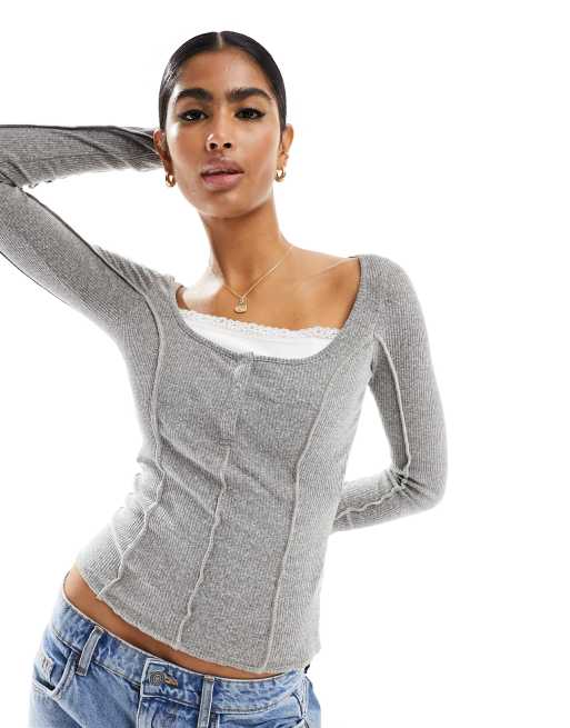 Miss Selfridge 2 In 1 Rib Snaps Top With Lace Insert In Gray Heather Asos