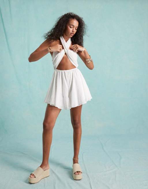 Miss Selfridge Beach Textured Chiffon Tie Front Romper In Cream Asos