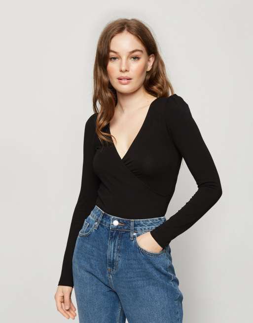 Miss Selfridge - Body coupe cache-cœur en jersey - Noir | ASOS