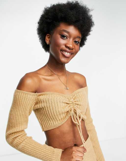 Miss Selfridge Camel Rib Ruched Long Sleeve Bardot Part Of A Set Asos
