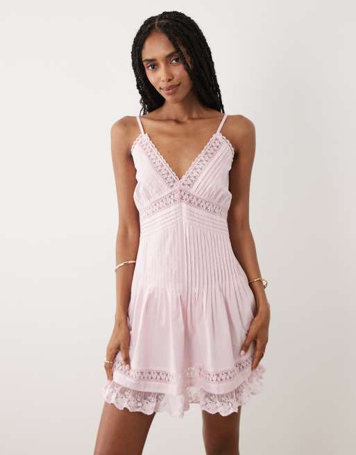 Miss Selfridge cami lace detail mini dress in pink | ASOS