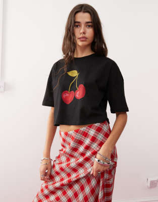 Miss Selfridge cherry print tee in black | ASOS