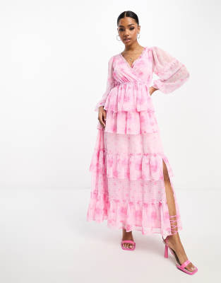 Miss Selfridge chiffon tiered maxi dress in mixed print | ASOS