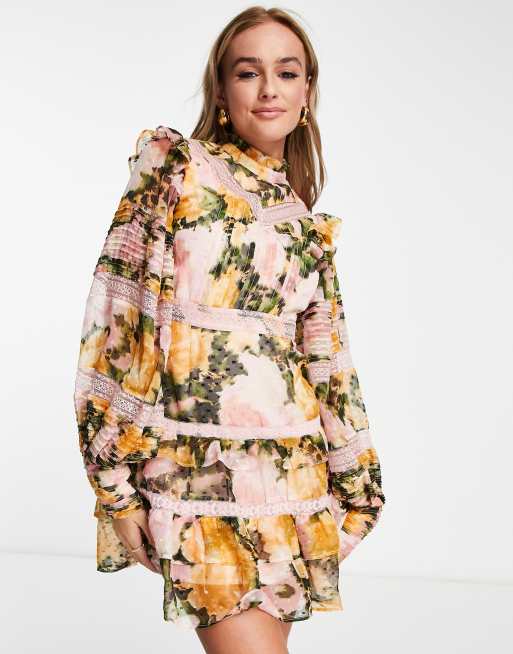 Miss Selfridge Chiffon Victoriana Lace Insert Mini Dress In Pink Floral