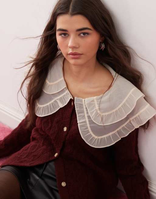 Miss Selfridge contrast collar detail cable knit cardigan in wine | ASOS