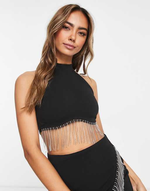 Miss Selfridge - Crop top nero con collo a imbuto e frange con strass | ASOS