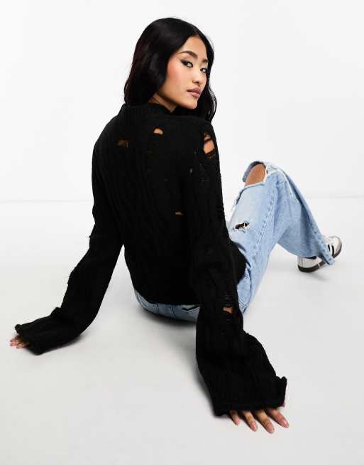Miss Selfridge distressed punk knit sweater in black | ASOS