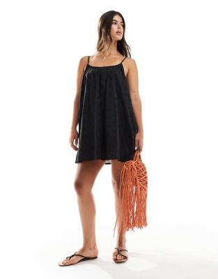 Miss Selfridge embroidered strappy mini sundress in black | ASOS