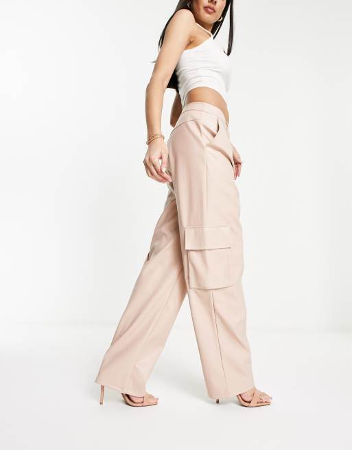 Miss Selfridge Faux Leather Wide Leg Cargo Pants In Taupe Asos