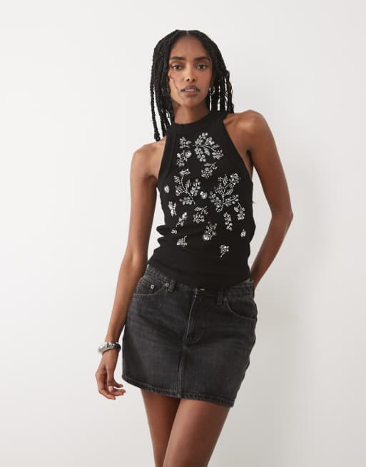 Miss Selfridge festival embellished racer vest top in black | ASOS