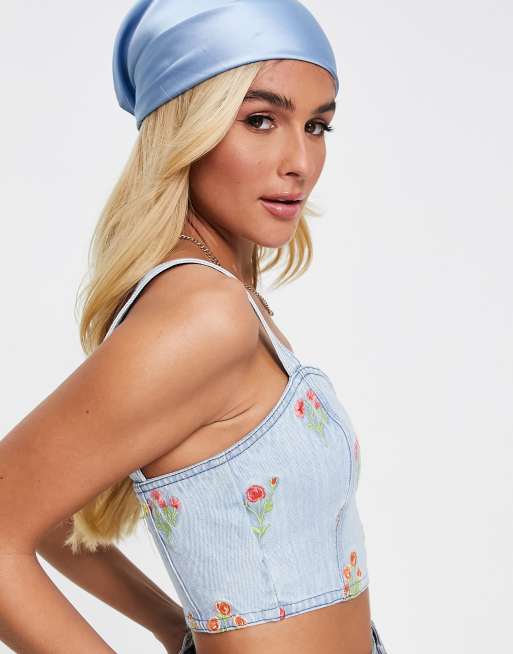 Miss Selfridge floral embroidered denim bralet in mid wash | ASOS