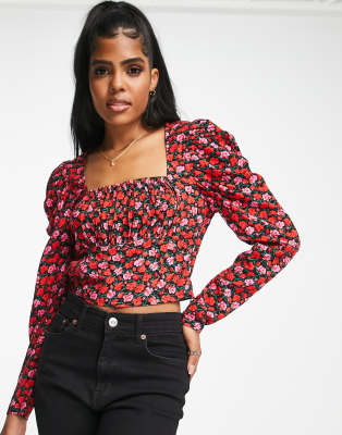 Miss Selfridge gathered bust corset top in rose print | ASOS