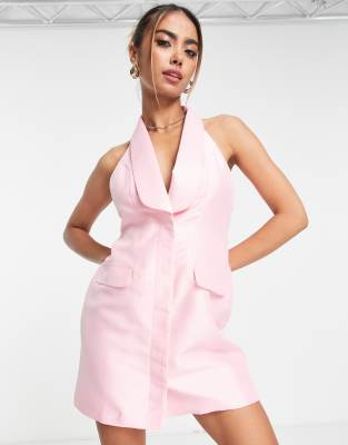 Miss Selfridge halterneck tuxedo mini dress in light pink | ASOS