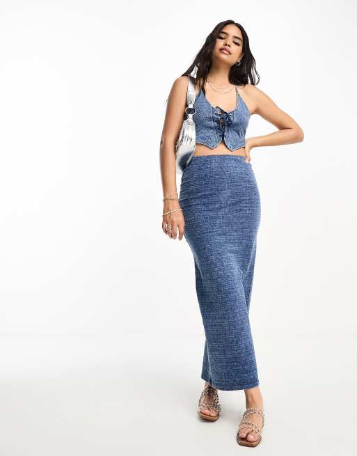 Miss Selfridge - Jupe d'ensemble longue en denim jersey à taille basse - Indigo | ASOS