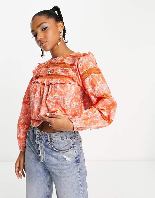 Miss Selfridge Lace Insert Victoriana Blouse In Retro Floral Asos