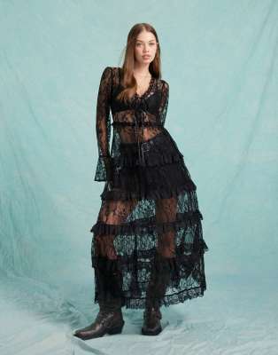 Miss Selfridge lace ruffle maxi dress in black | ASOS