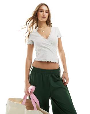 Miss Selfridge lace trim wrap ballet top with cap sleeve in grey marl ...