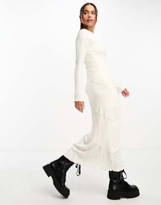 Miss Selfridge mix texture long sleeve dress in cream | ASOS