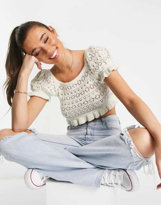 Miss Selfridge Open Stitch Pointelle Knit Square Neck Short Sleeve