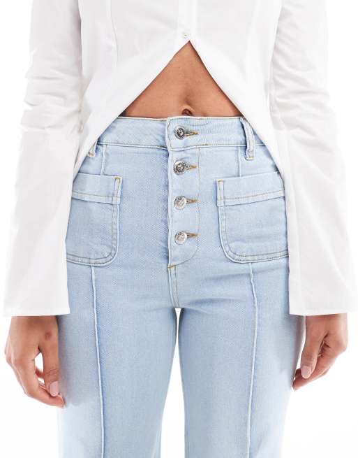Miss Selfridge patch pocket high waist 70's denim flare in bleach wash ...