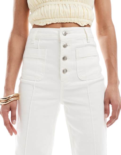Miss Selfridge patch pocket high waist 70's denim flare in ecru wash | ASOS