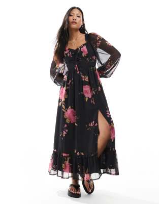 Miss Selfridge Petite - Maxi-jurk met lange mouwen en korsetdetail in rozenprint | ASOS