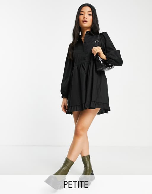 Miss Selfridge Petite - Robe babydoll courte en popeline à ourlet volanté - Noir | ASOS