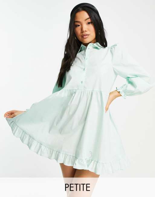 Miss Selfridge Petite - Robe babydoll courte en popeline à ourlet volanté - Vert sauge | ASOS