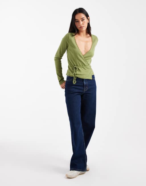 Miss Selfridge pointelle wrap over top in olive | ASOS