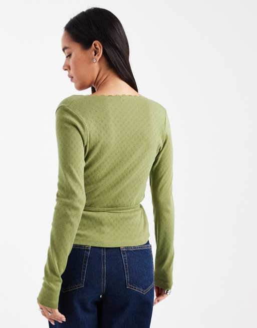 Miss Selfridge pointelle wrap over top in olive | ASOS